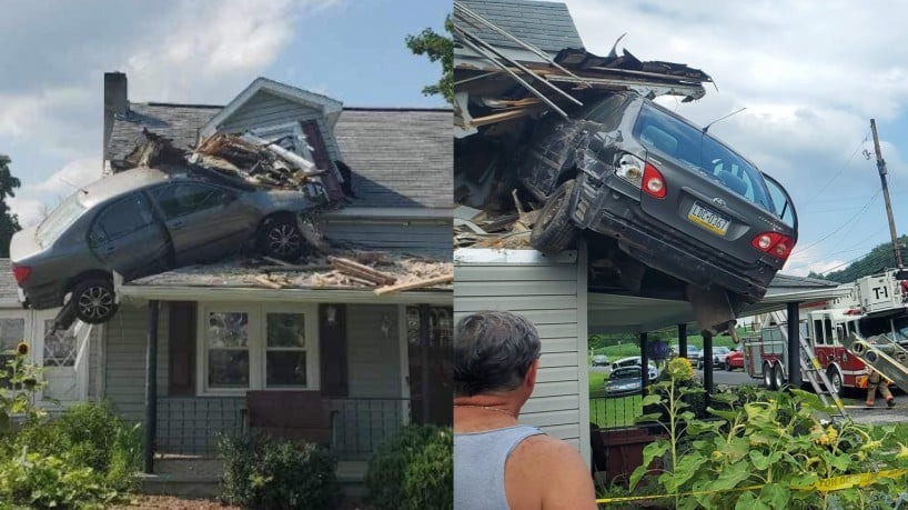 Carro fica preso no telhado de casa no estado da Pensilvânia, nos EUA